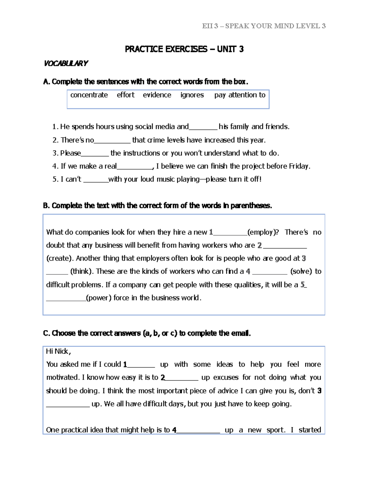 Practice exercises - Unit 3 - EII 3 – SPEAK YOUR MIND LEVEL 3 PRACTICE ...