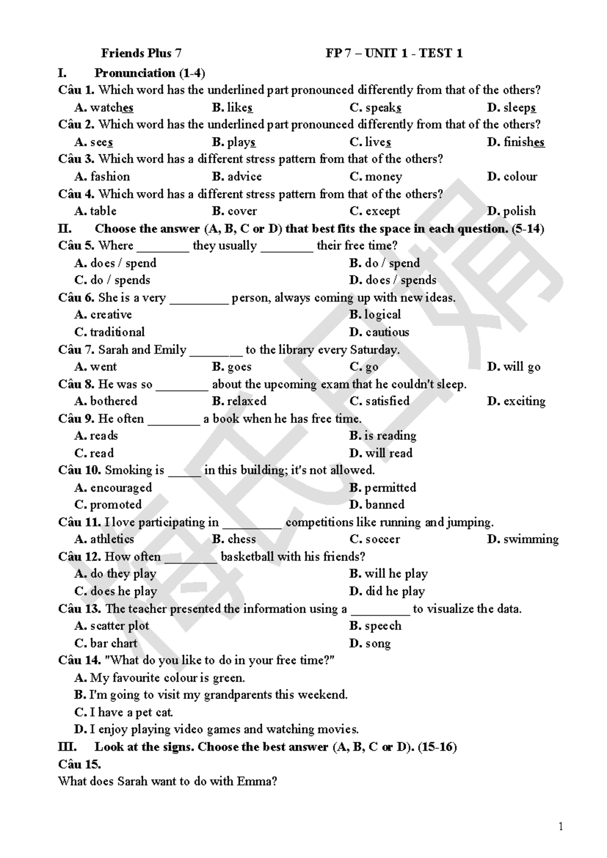 Friends Plus 7 FP 7 UNIT 1 & 2 TESTS Compilation - Studocu