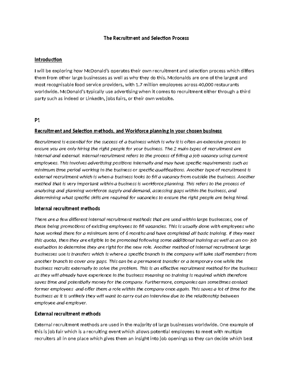Unit 8 Assignment 1: McDonald's Recruitment & Selection Process Analysis - Studocu