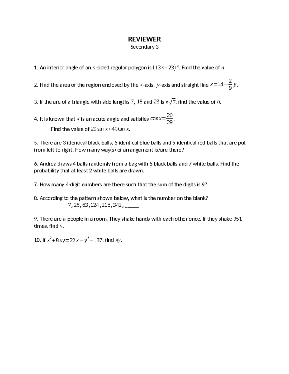 Reviewer 2 (Secondary 3) - Math Problems & Solutions - Studocu