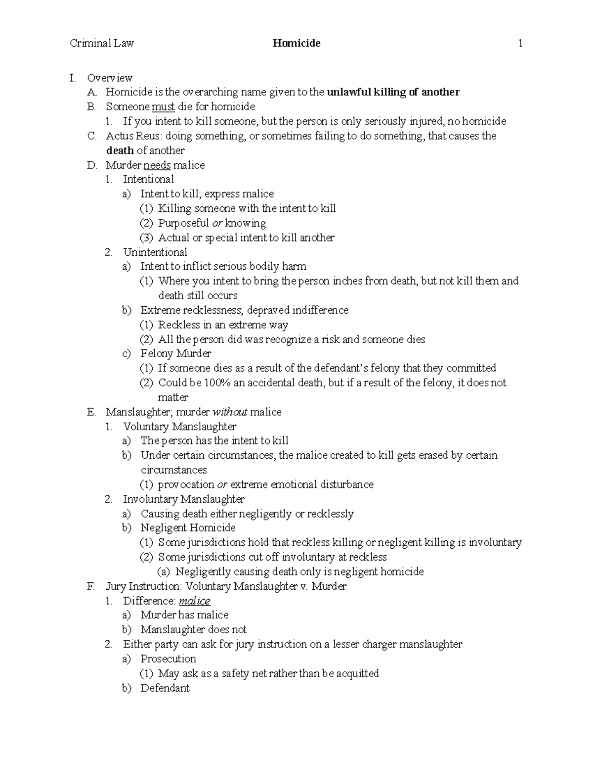 Homicide Outline - Murder, Intent, Felony Murder & Recklessness ...