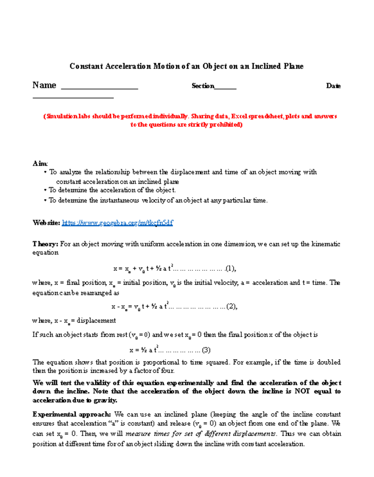 Lab2-phys164-Motion of an Object on an Inclined Plane Simulation-LC - Constant Acceleration ...