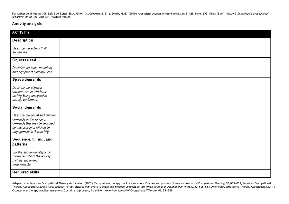 Activity Analysis Template for OT Practice Framework Essentials - Studocu