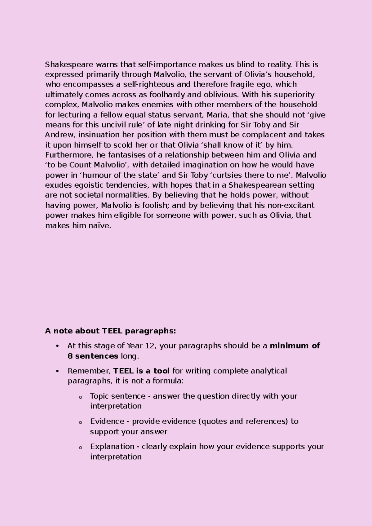 TEEL Analysis for Act 2, Scene 3 of Twelfth Night (Year 12) - Studocu