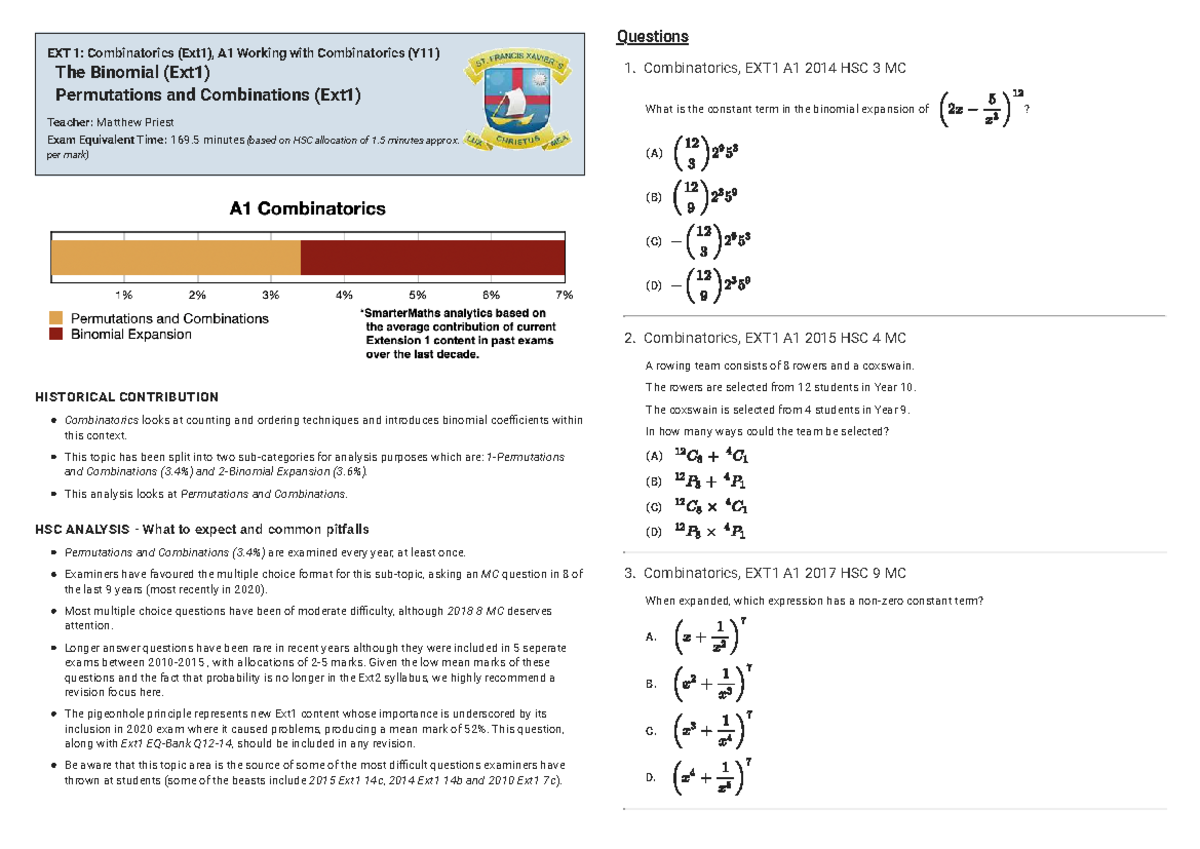 HSC - AE1 Binomials, Permutations & Combinations - EXT 1: Combinatorics (Ext1), A1 Working with ...
