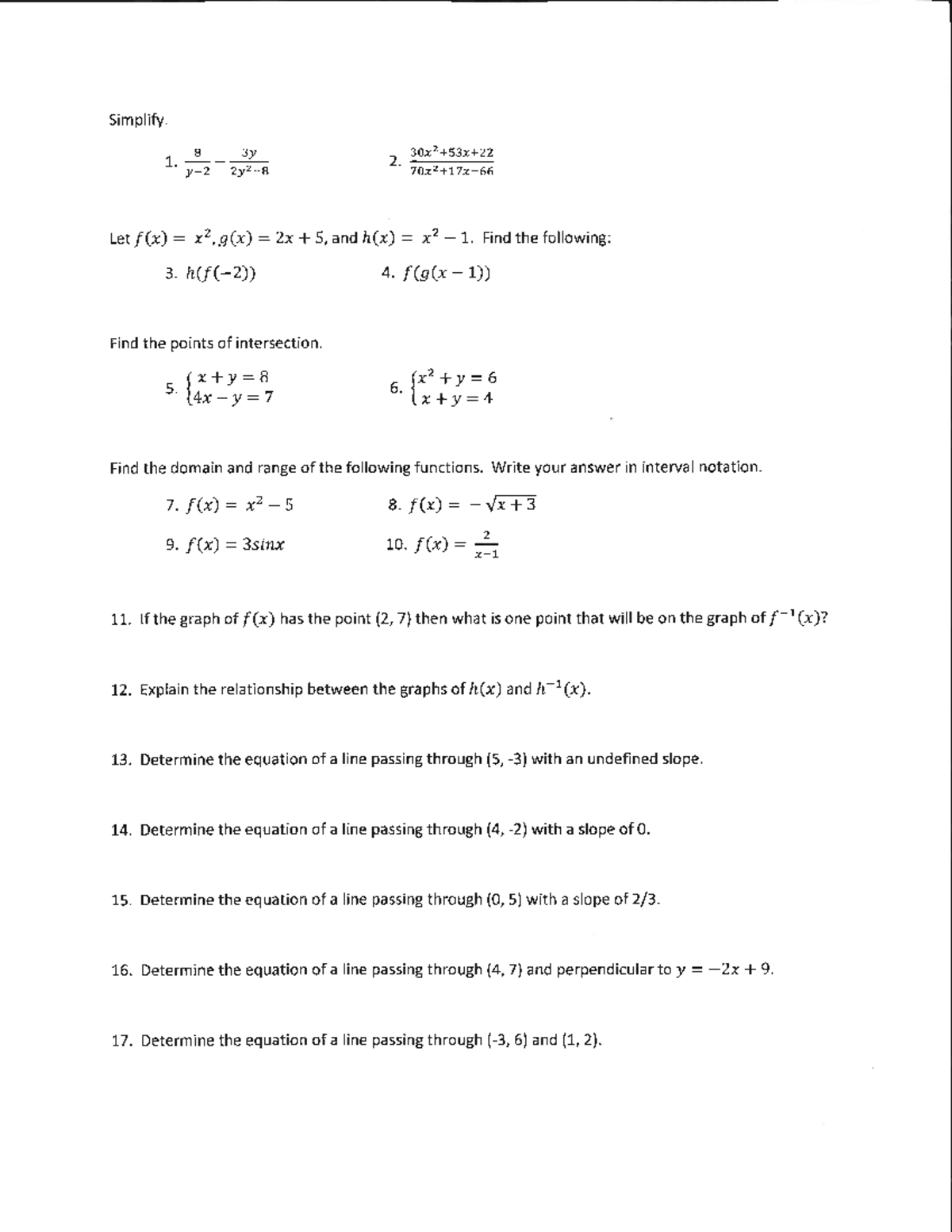 Math Review Questions: Functions, Intersections, and Graphs - Studocu