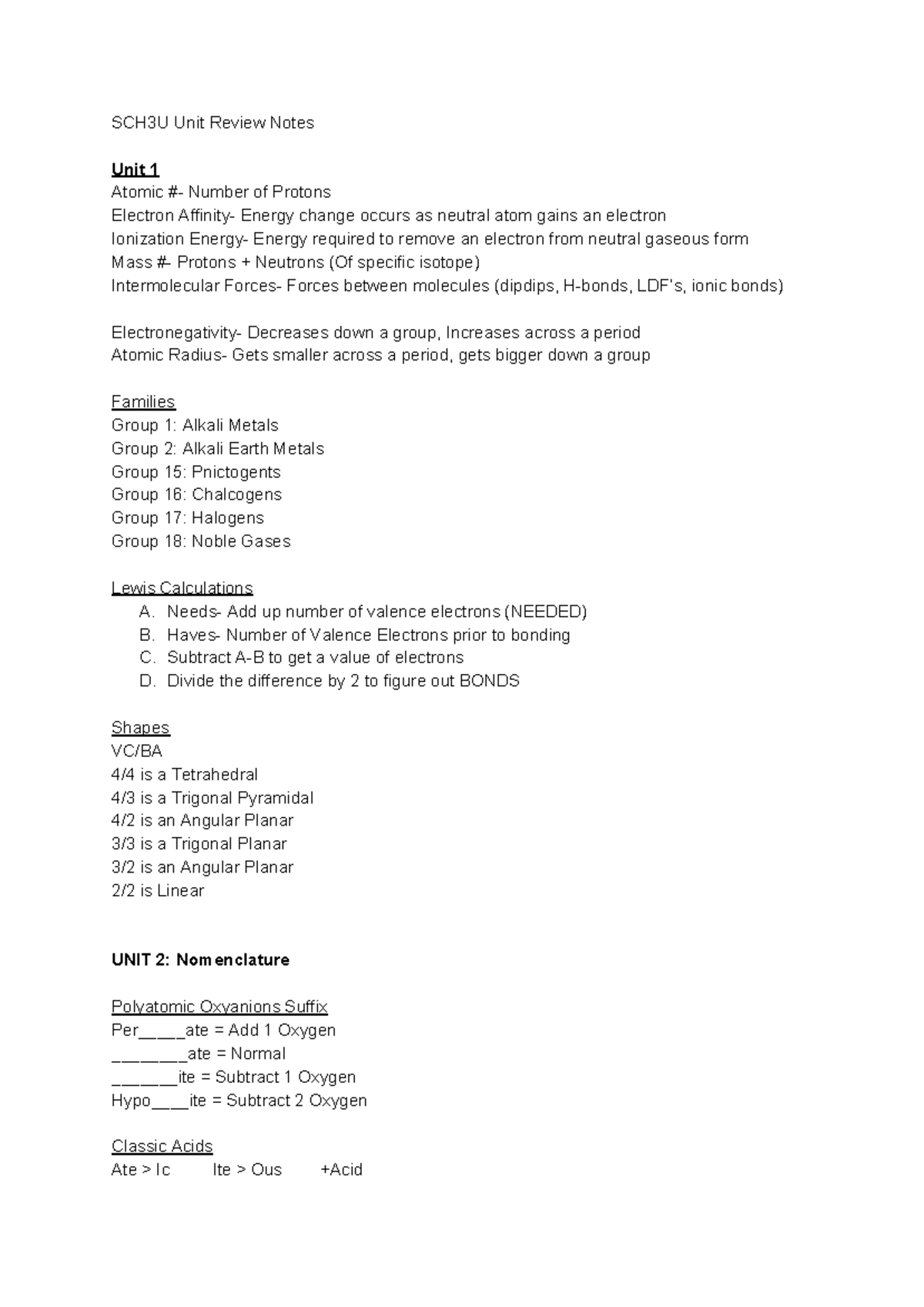 SCH3U Unit Notes - SCH3U Unit Review Notes Unit 1 Atomic #- Number of ...