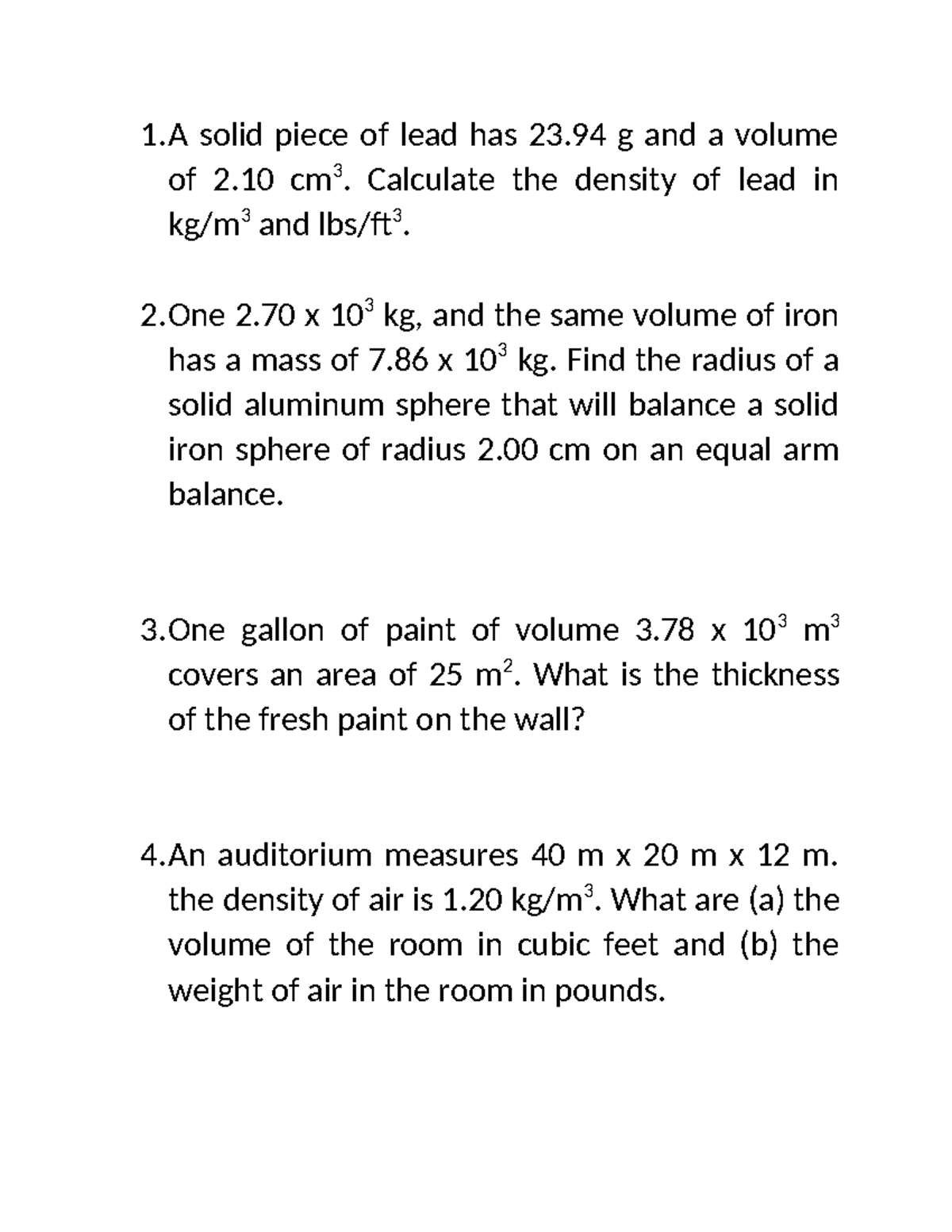 Density Problems Practice - PHYS 101 - Studocu