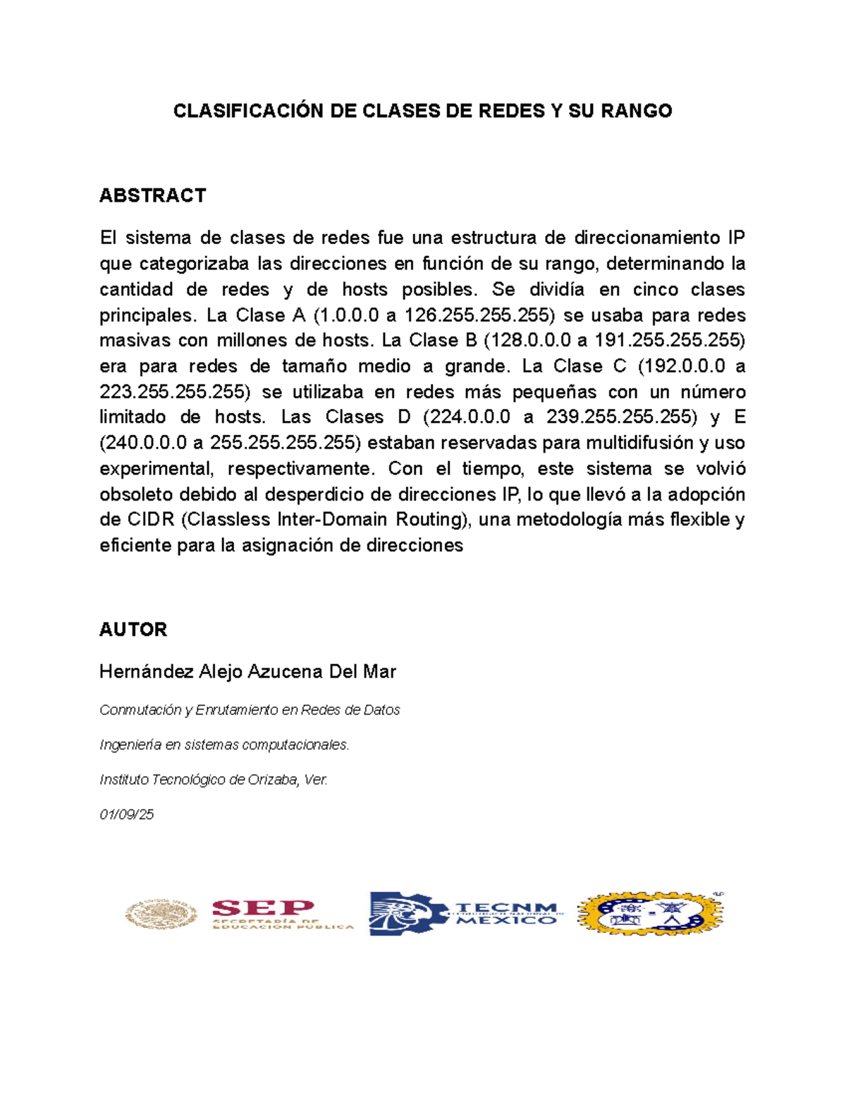 CLASIFICACIÓN DE CLASES DE REDES Y SU RANGO - Act1 Reporte - Studocu