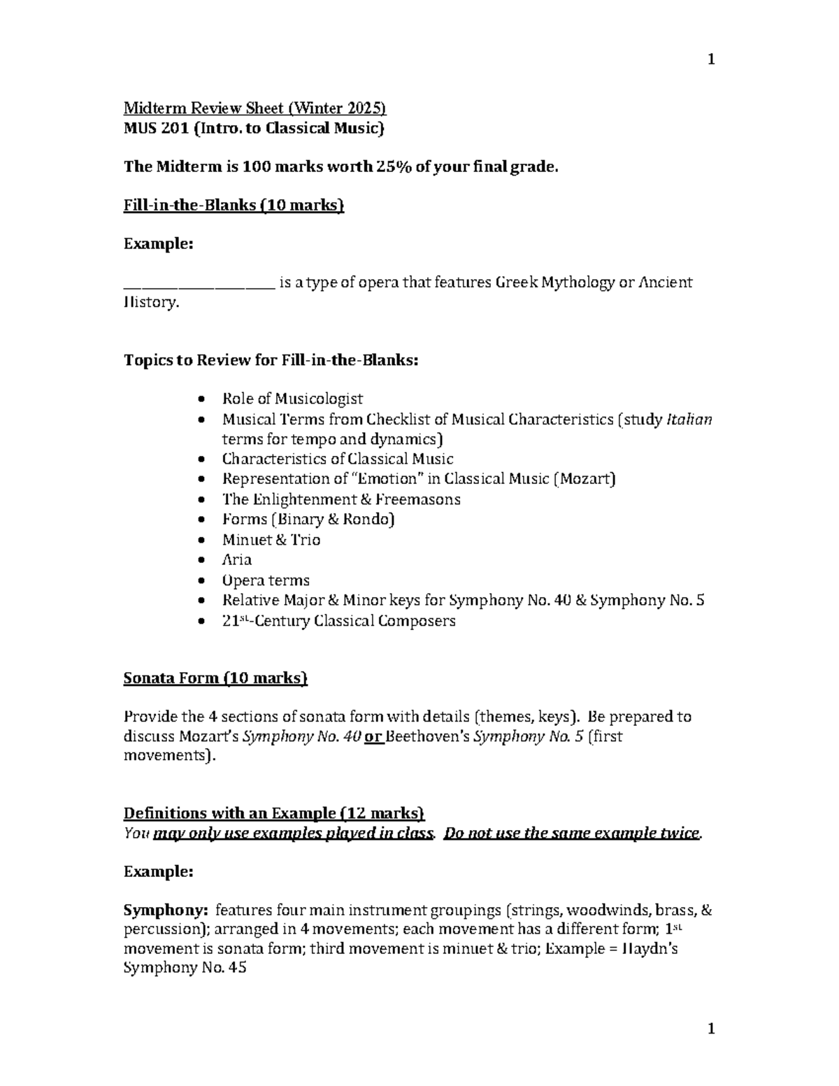 MUS201 Midterm Review W25 - 1 1 Midterm Review Sheet (Winter 202 5 ) MUS 201 (Intro. to ...