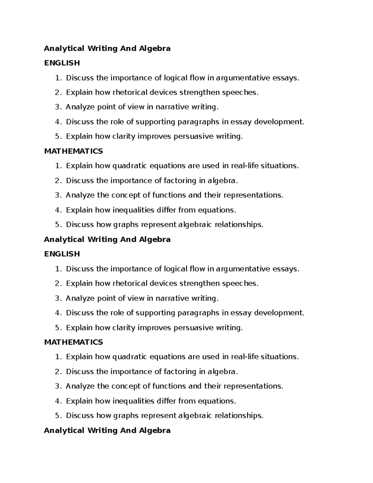 Analytical Writing & Algebra Study Guide ENGLISH 1 & MATHEMATICS - Studocu