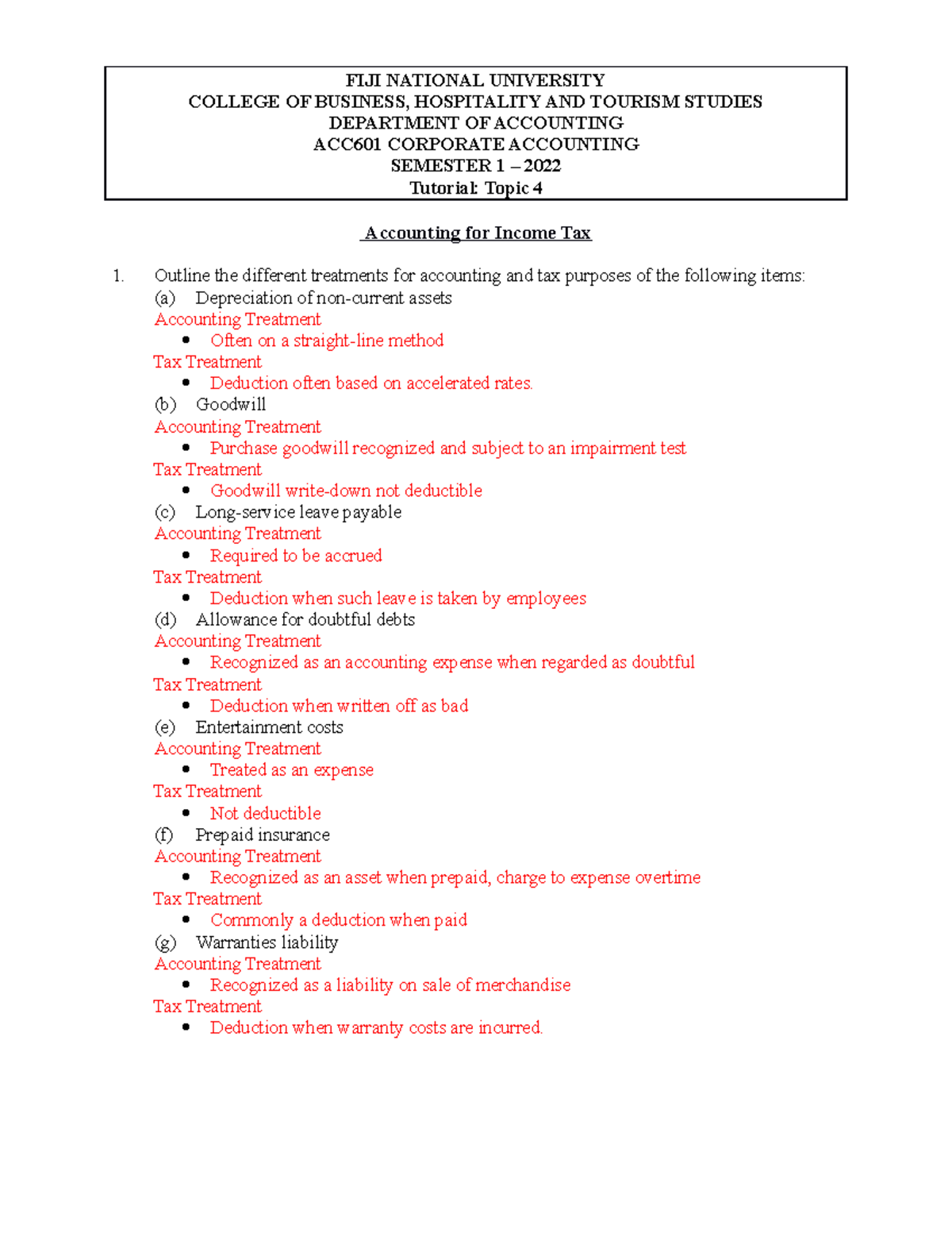 Tutorial Questions solution 4 - FIJI NATIONAL UNIVERSITY COLLEGE OF ...