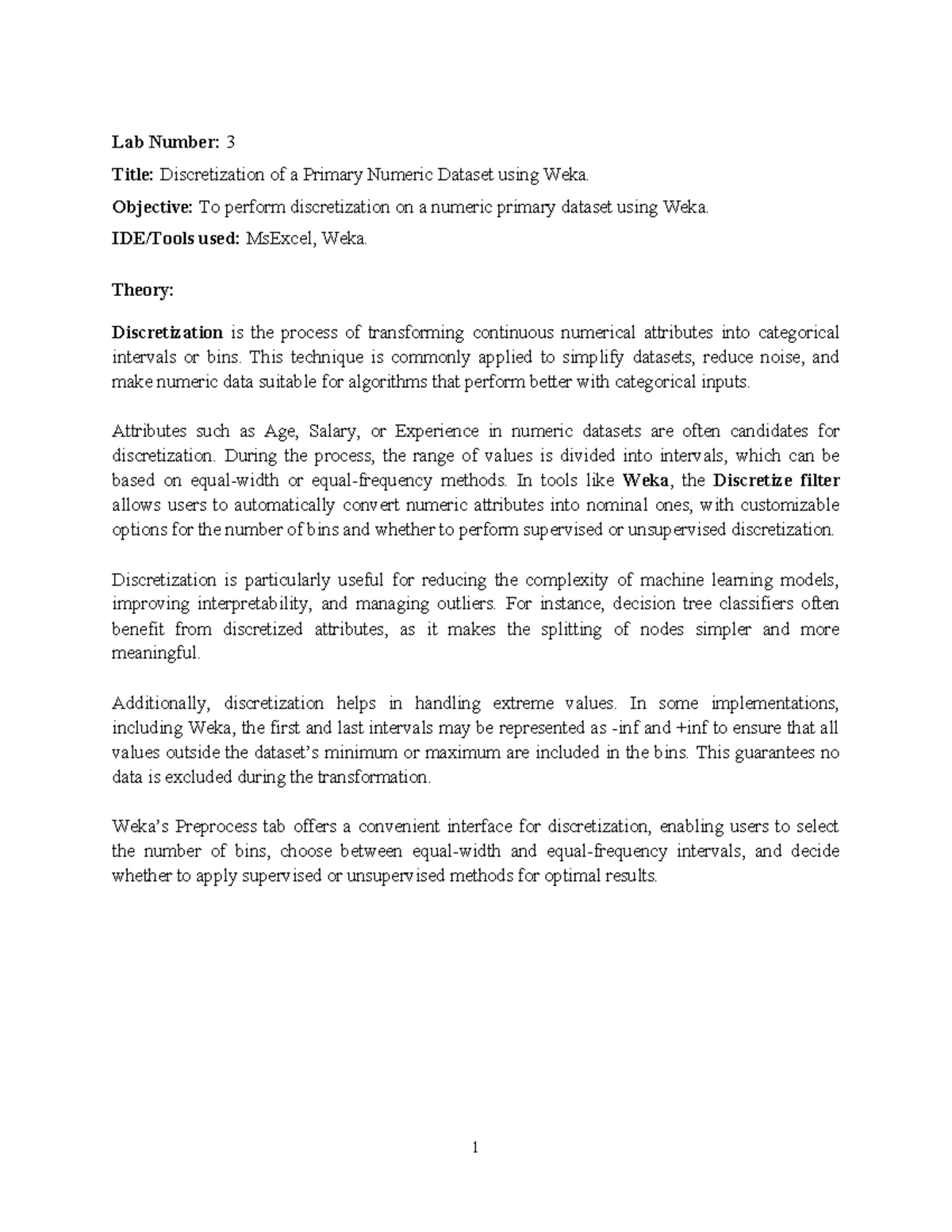 Lab 3 - Discretization of Numeric Data Using Weka Techniques - Studocu