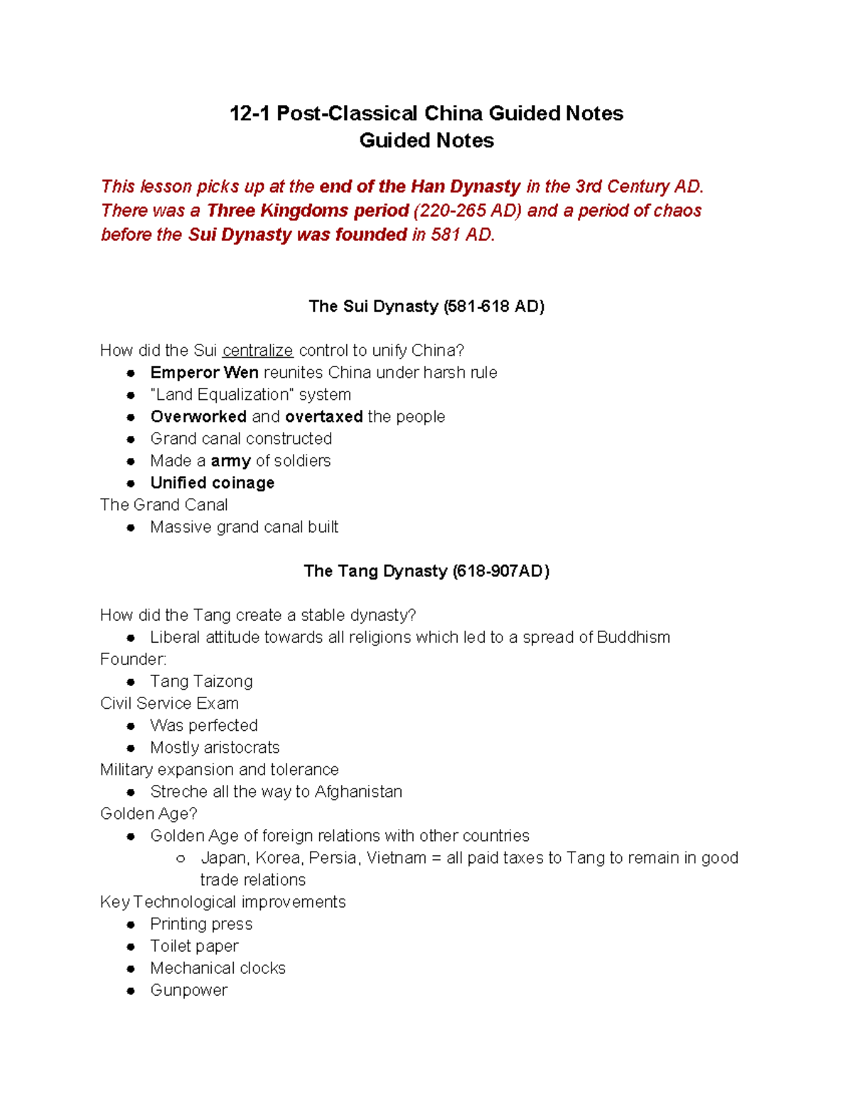 Post-Classical China: Sui, Tang, & Song Dynasties Guided Notes - Studocu