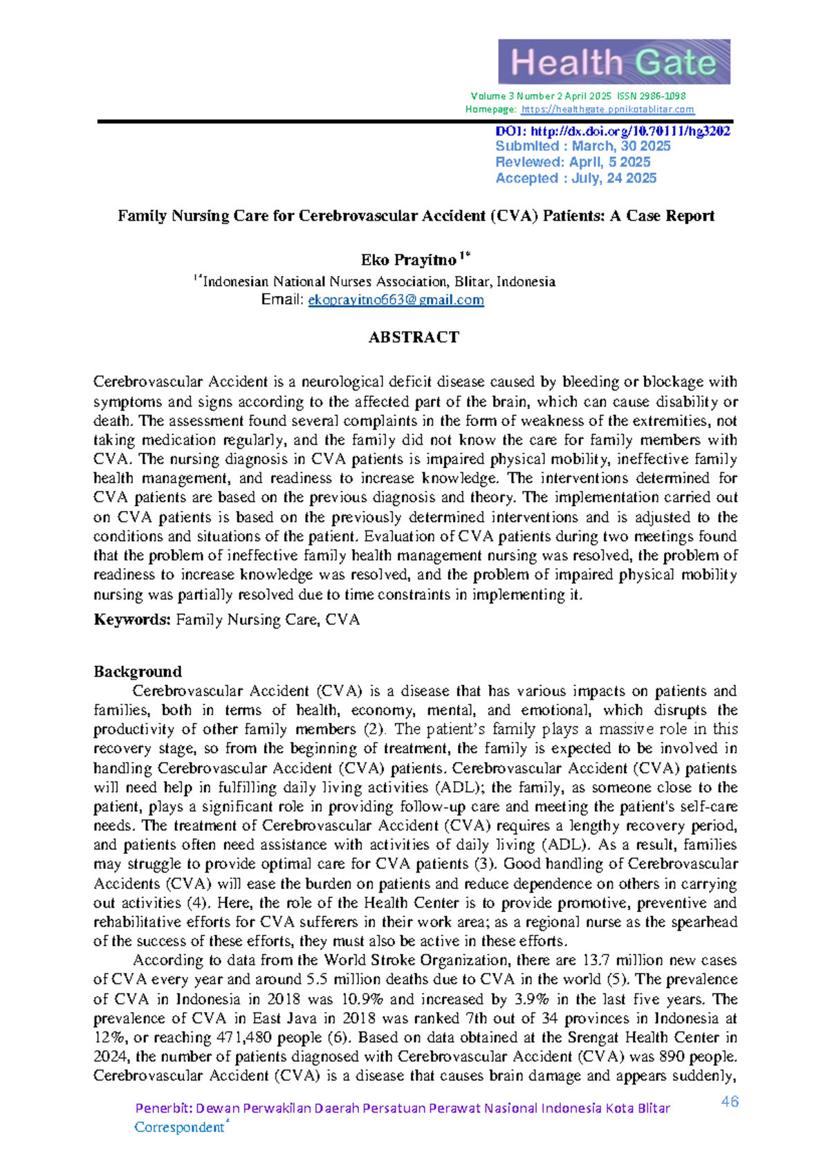 Family Nursing Care for CVA Patients: A Case Study (Nursing 101) - Studocu