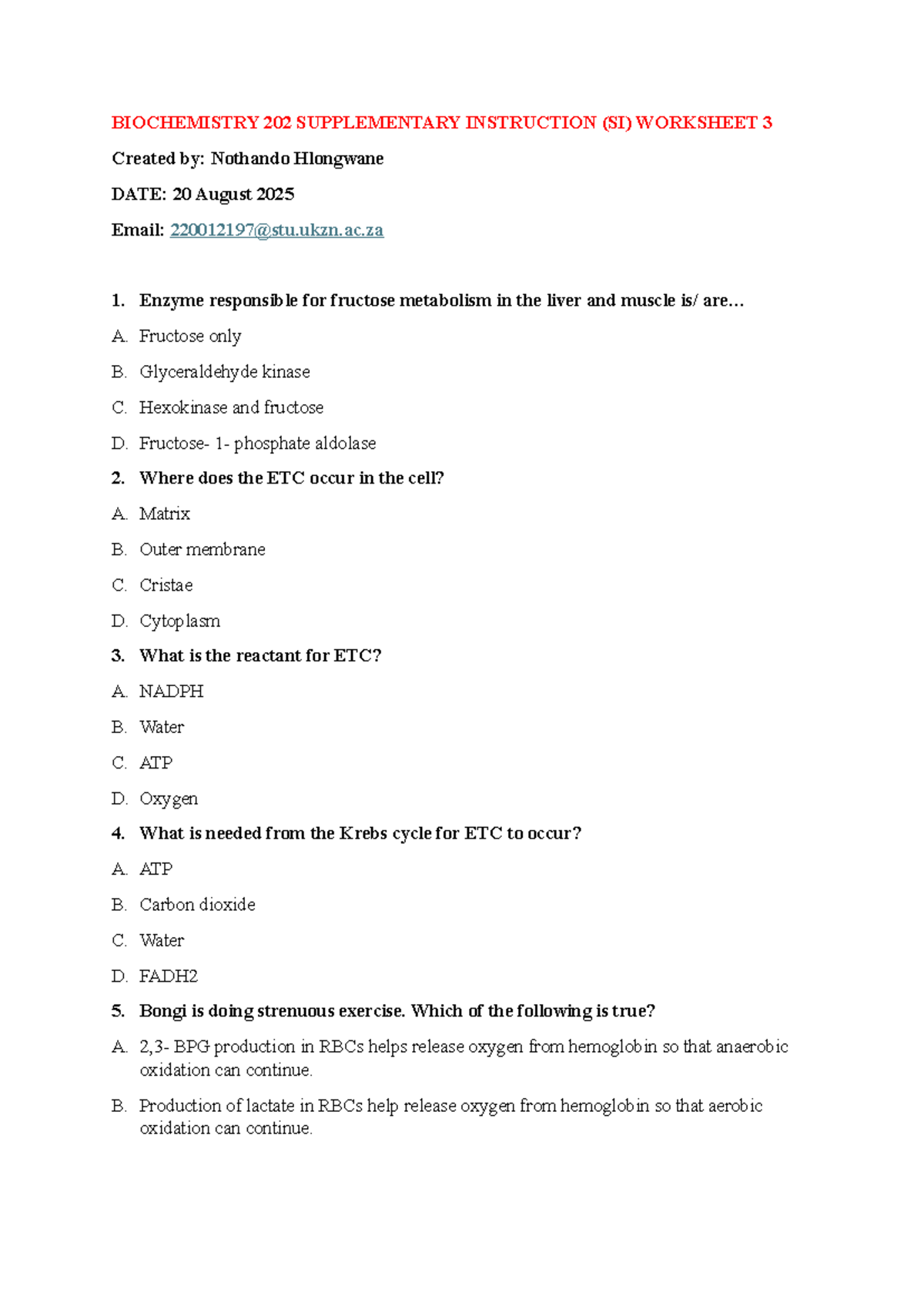 BIOCHEMISTRY 202 SUPPLEMENTARY INSTRUCTION WORKSHEET 3 - Studocu