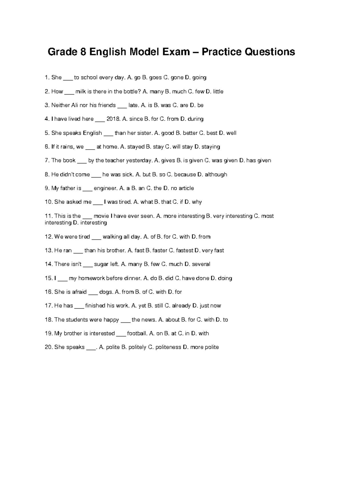 Grade 8 English Model Exam Practice Questions Set 1 - Studocu