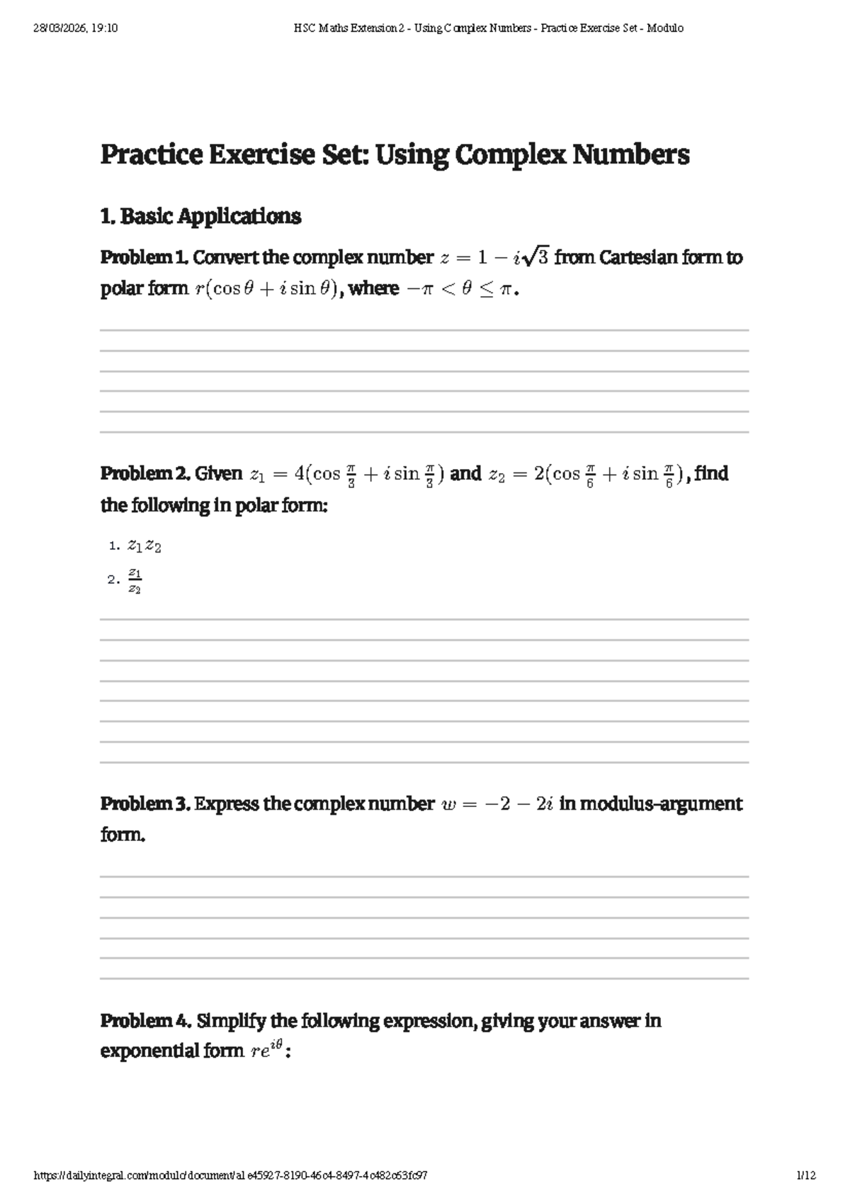 HSC Maths Extension 2: Complex Numbers Practice Exercise Set - Studocu