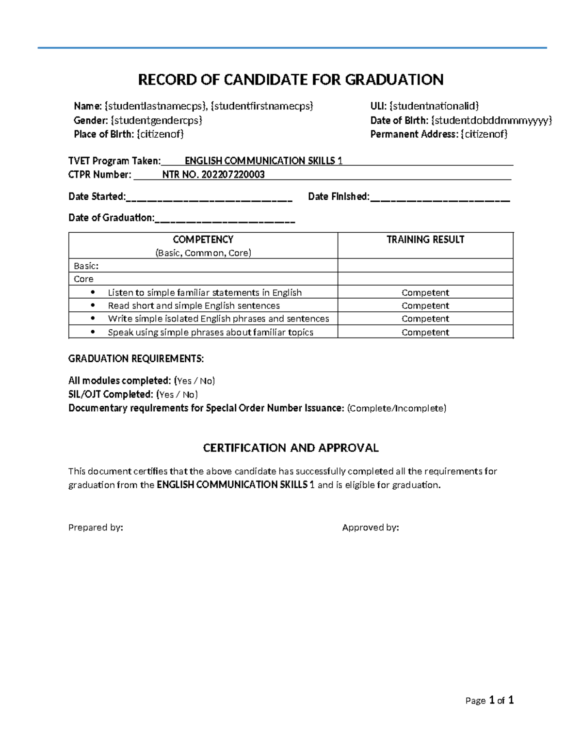 ECS 1 - Graduation Candidate Record and Certification - Studocu