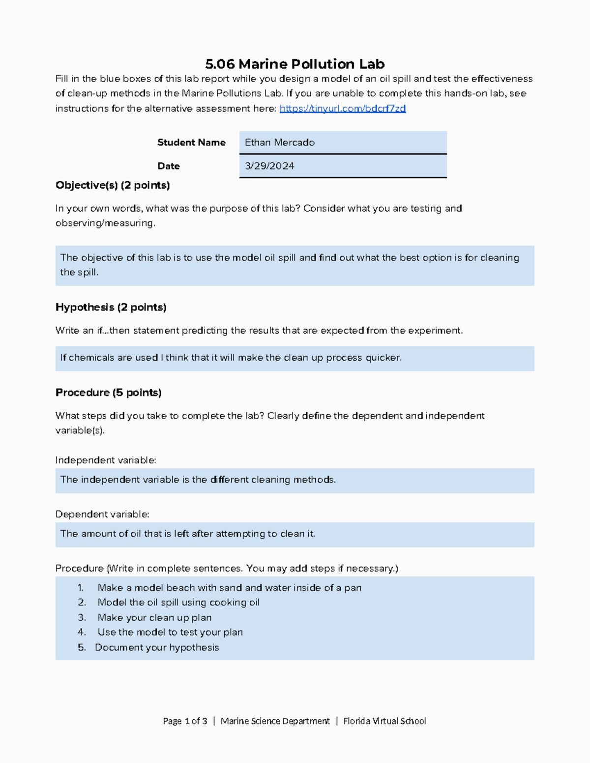 Marine Pollution Lab Report 5.06: Oil Spill Clean-Up Methods - Studocu