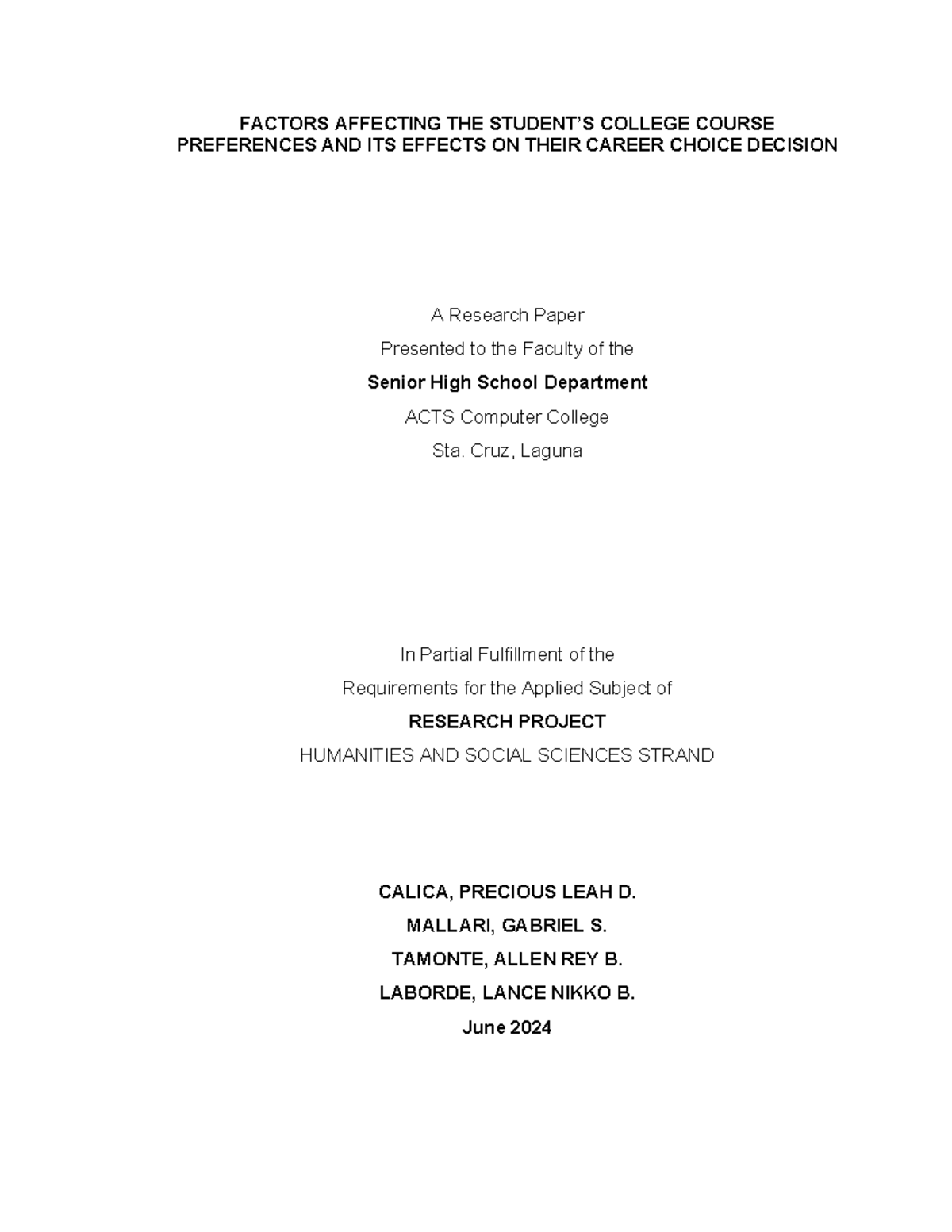Factors Influencing College Course Preferences and Career Choices ...