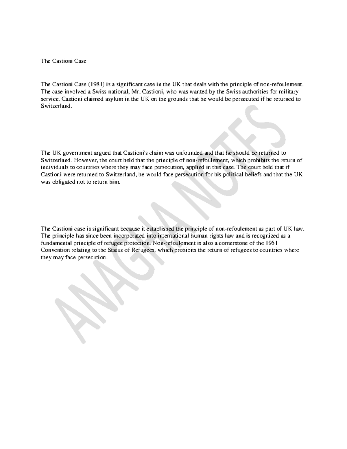 The Castioni Case (1981) - Key Legal Notes on Non-Refoulement - Studocu