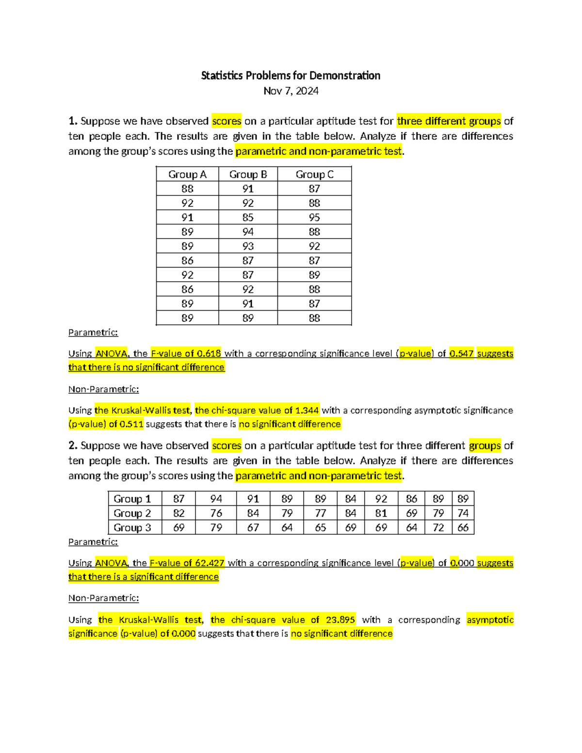 Statistics Problems for Demonstration: A302 Test of Significant ...