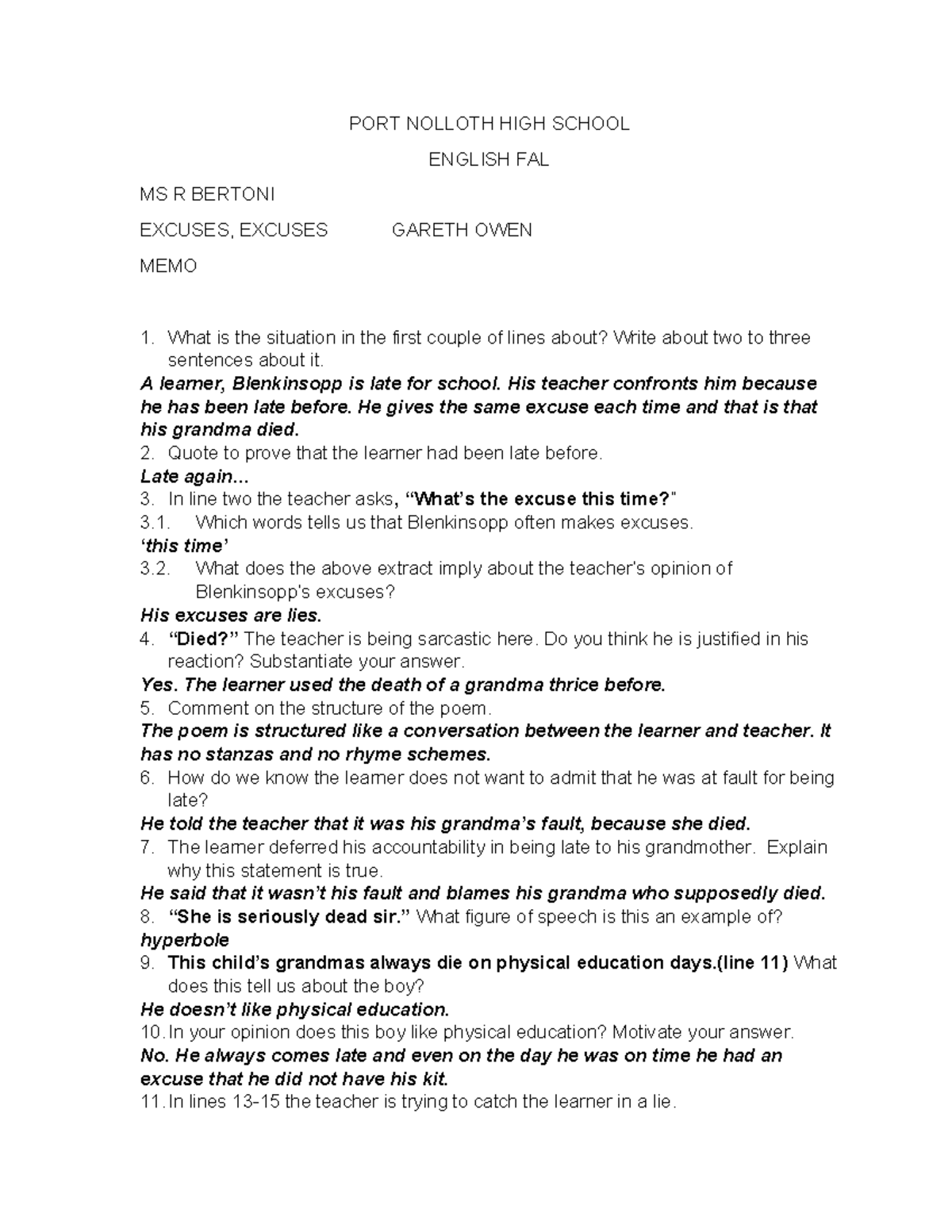 Grade 10 Literary Memo: Analyzing "Excuses, Excuses" by Gareth Owen ...