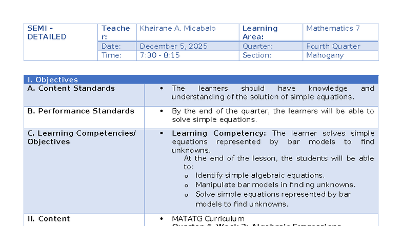 Lesson Plan for G7 - SEMI - DETAILED Teache r: Khairane A. Micabalo ...