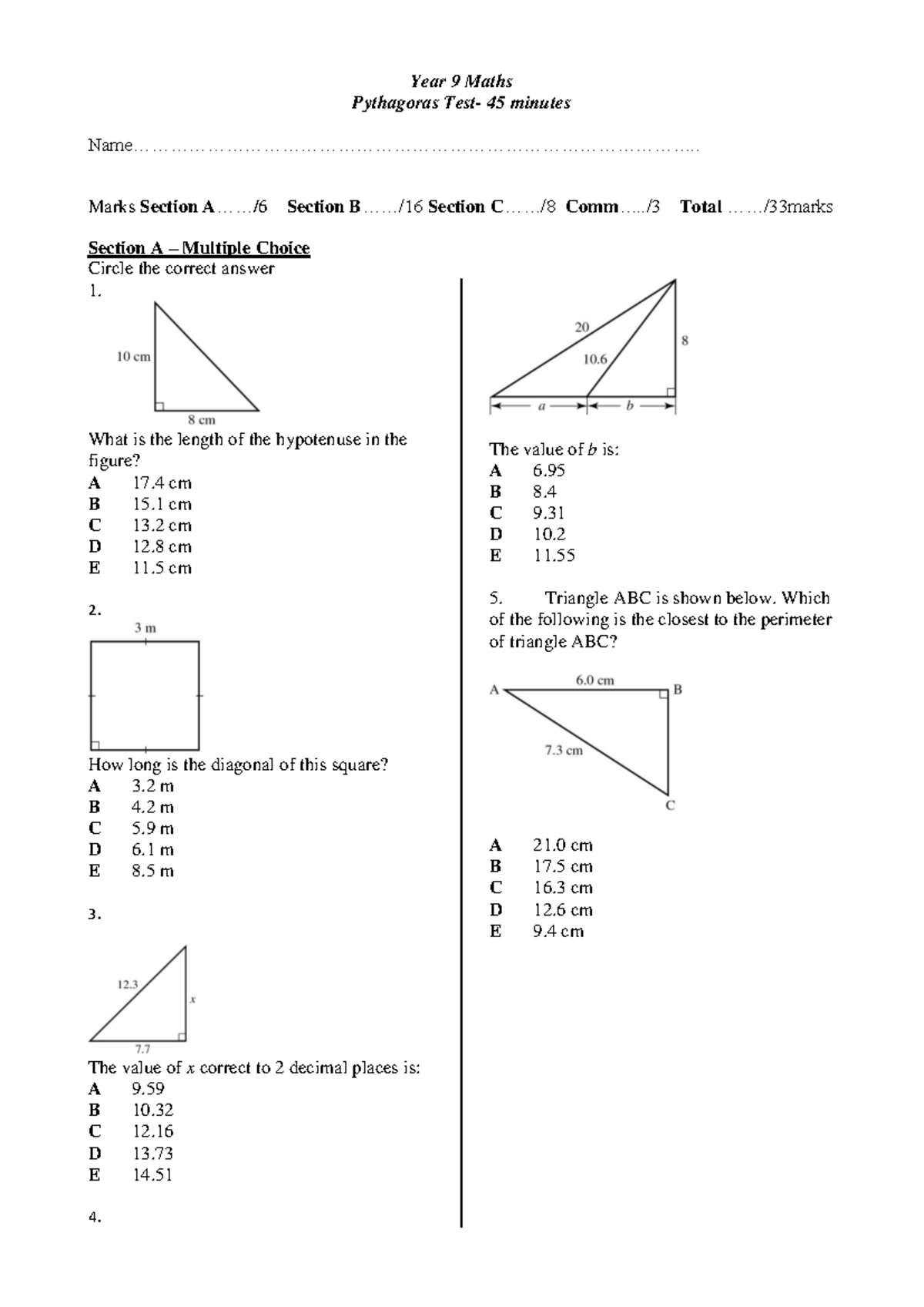 Year 9 Maths - Pythagoras Practice Test - 45 Min Duration - Studocu