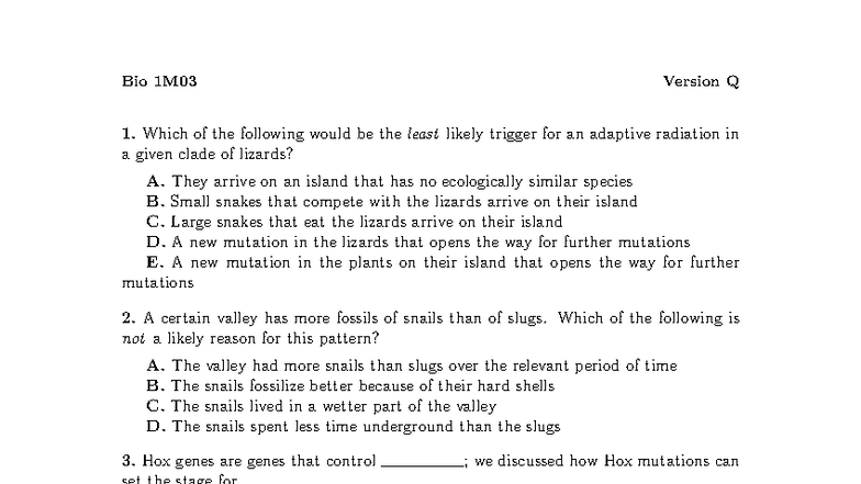 Bio 1M03 Quiz Q: Adaptive Radiation & Evolution Concepts - Studocu