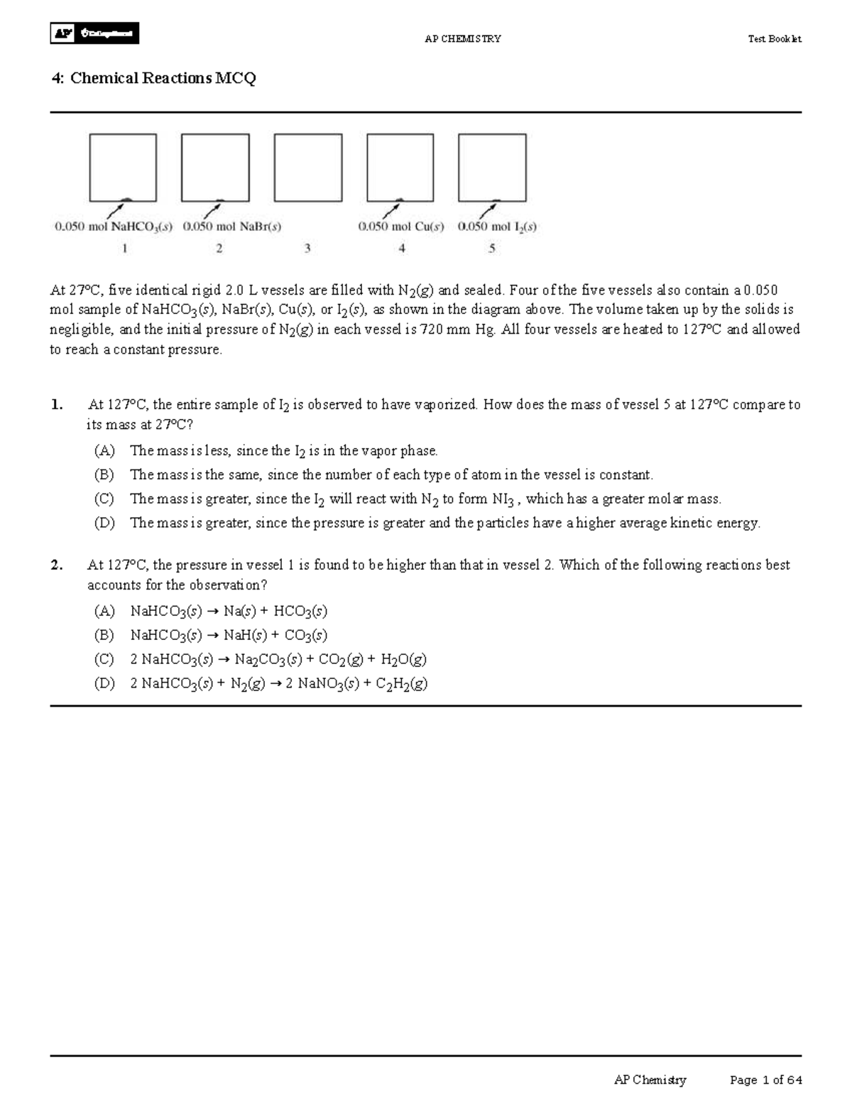 AP CHEMISTRY Test Booklet 4: MCQs on Chemical Reactions - Studocu