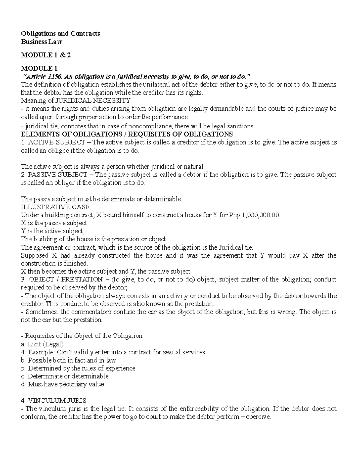 Business Law Obligations And Contracts Module 1 And 2 Obligations And Contracts Business Law