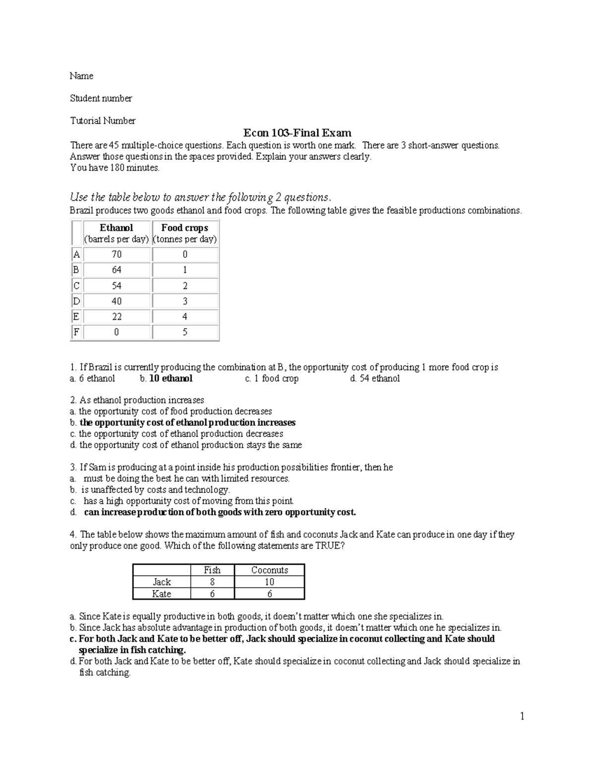 Econ 103-Final Exam Sample Questions and Answer Key- MC - Studocu