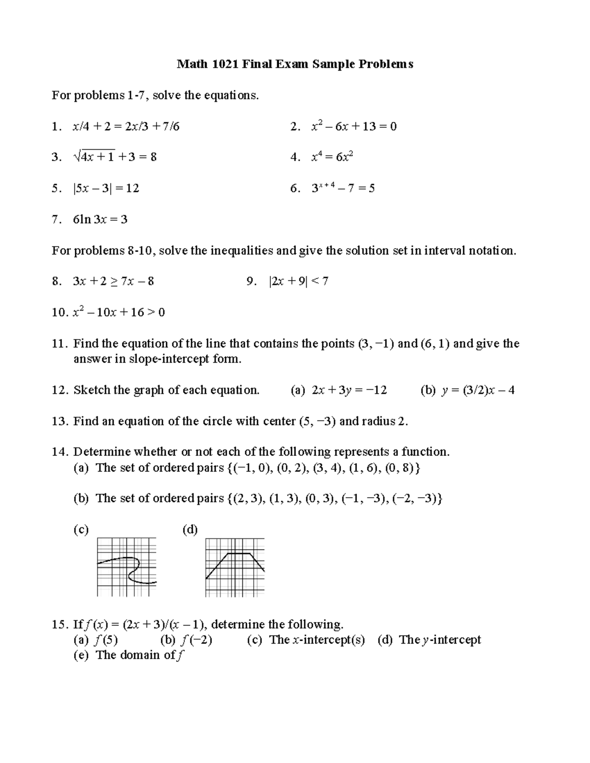 Math 1021 Final Exam Sample Problems - Math 1021 Final Exam Sample Problems For problems 1-7 ...