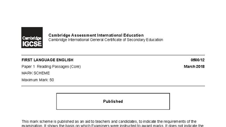 Cambridge IGCSE 0500 March 2018 Paper 1 Reading Passages Mark Scheme ...