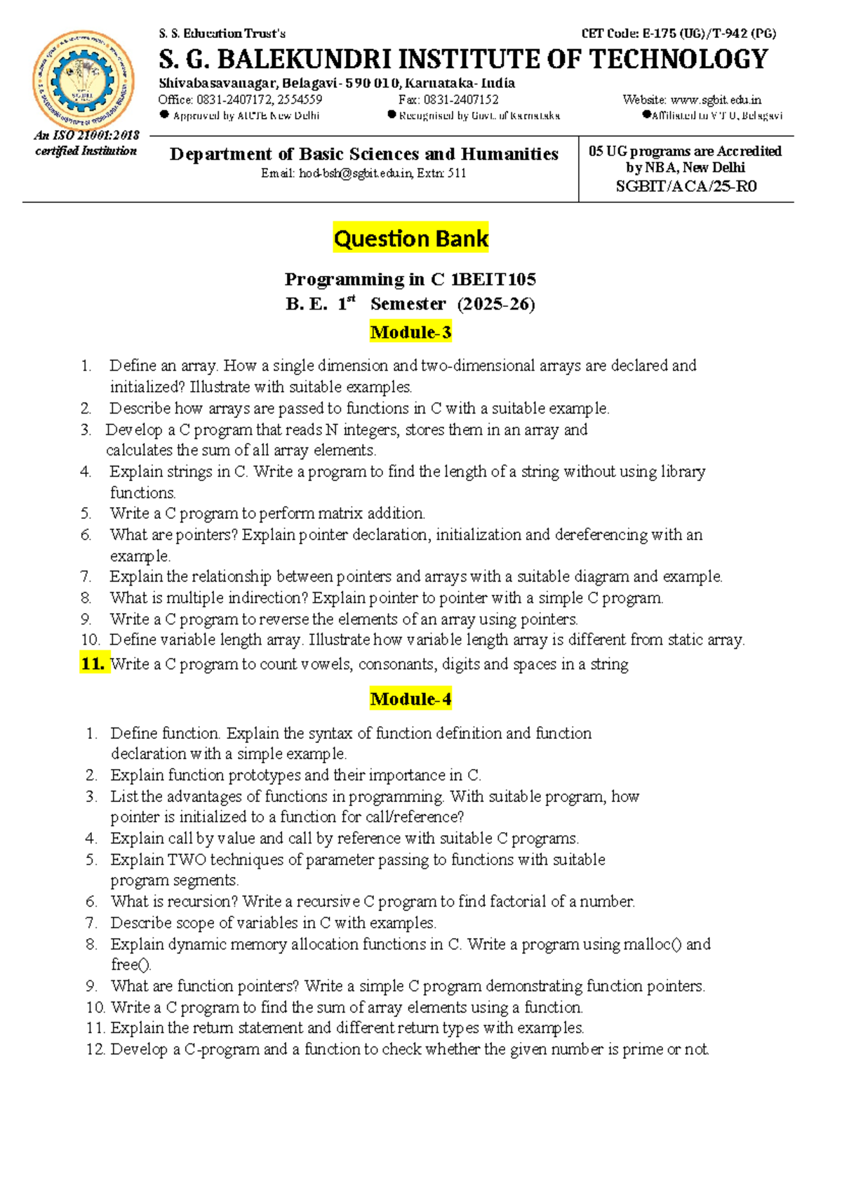 C Programming Question Bank (PG) 1BEIT105 for 1st Sem - Studocu