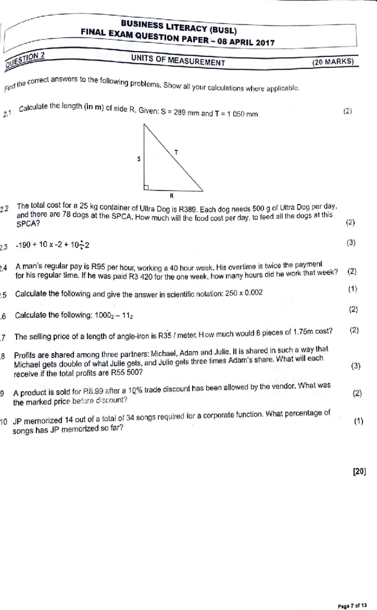FINAL EXAM QUESTION PAPER BUSL 08 APRIL 2017: UNITS OF MEASUREMENT ...