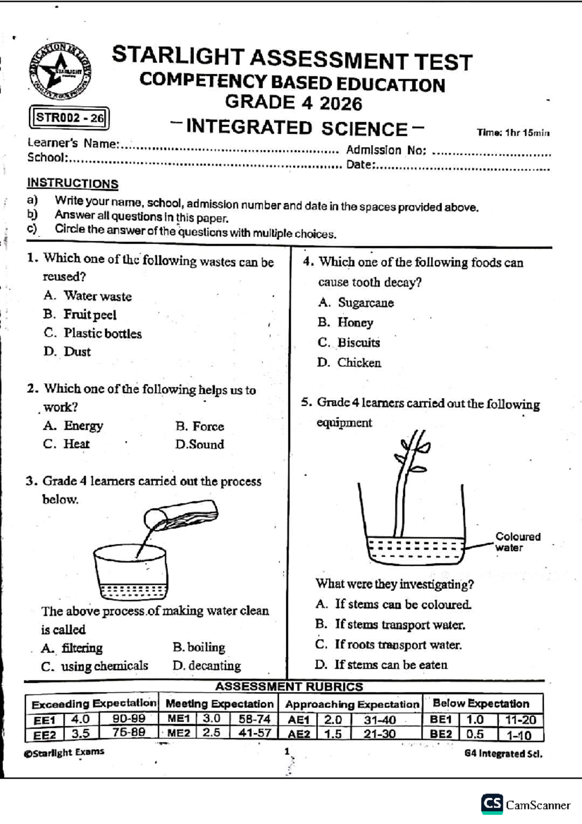 Starlight Grade 4 Integrated Science Assessment Test STR0O02 - Studocu
