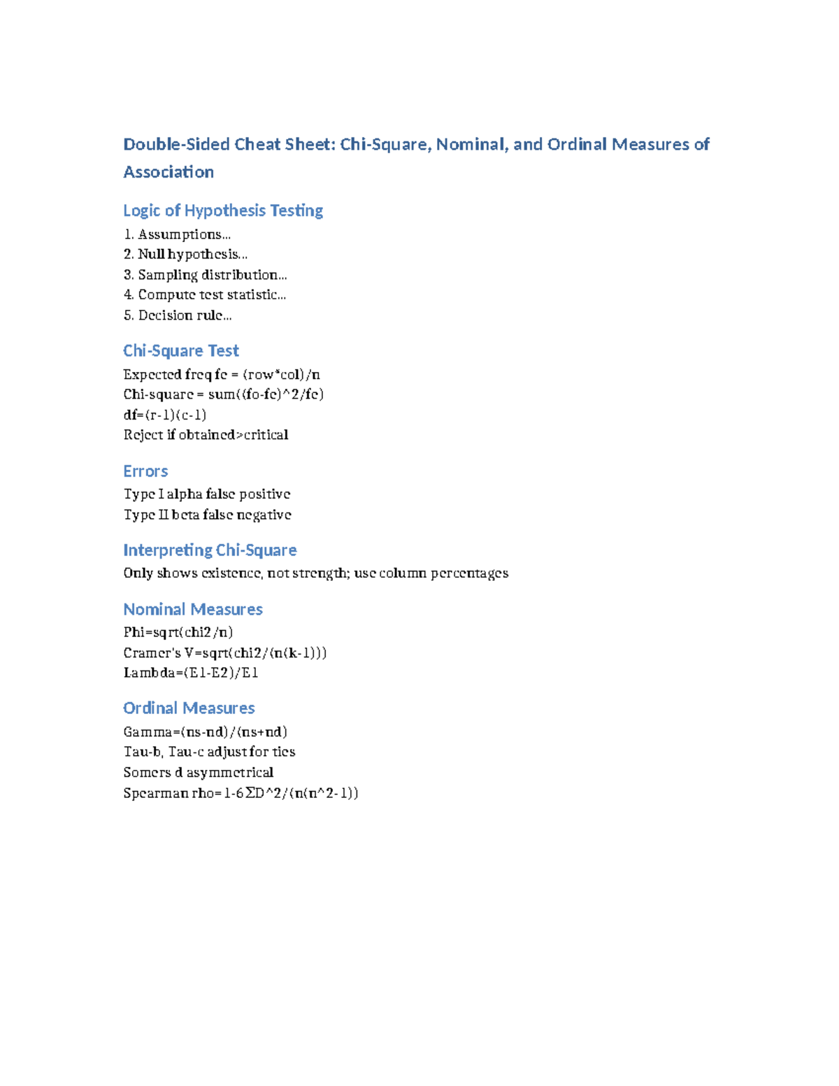 Cheat sheet - Double-Sided Cheat Sheet: Chi-Square, Nominal, and Ordinal Measures of Association ...