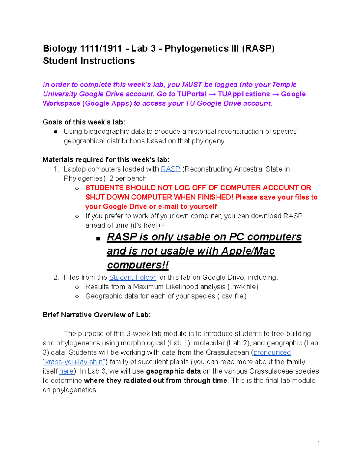 Lab 3- Phylogenetics III (RASP) - Student Instructions - Go to TUPortal → TUApplications → ...
