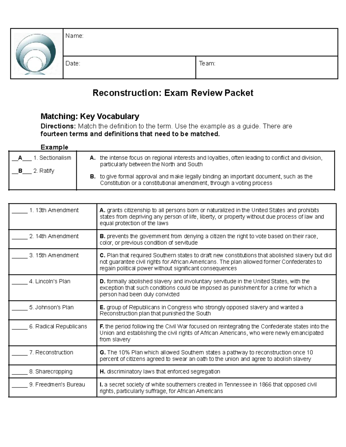 Reconstruction Era: Exam Review Packet & Key Vocabulary Guide - Studocu