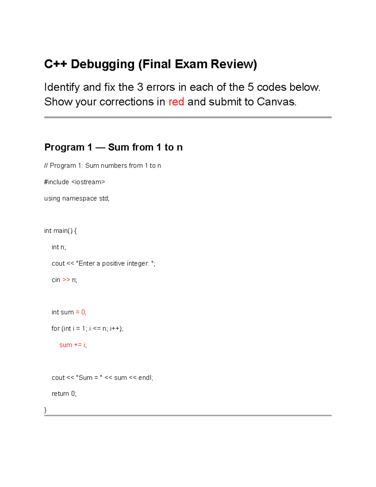 C++ Debugging (Final Exam Review) - Fixing Code Errors - Studocu