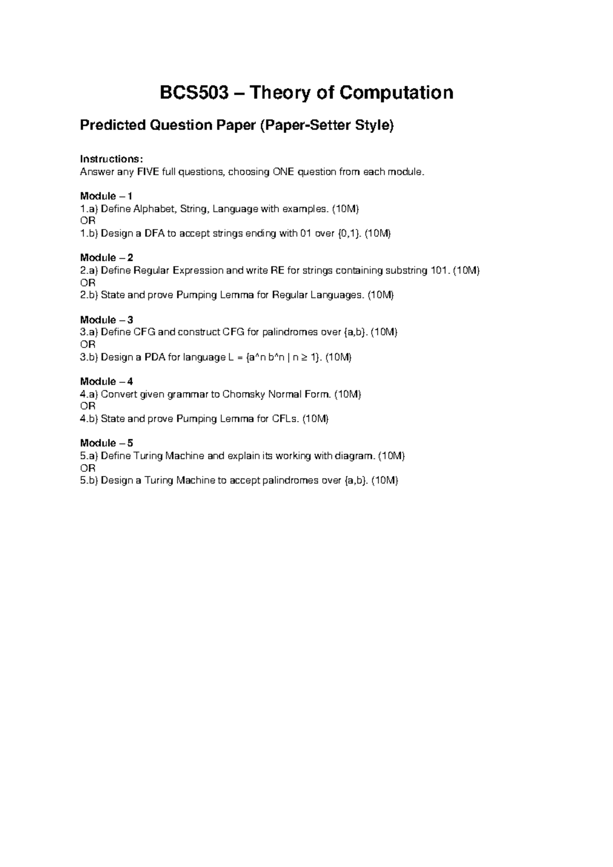 BCS503 Theory of Computation Predicted Question Paper Guide - Studocu