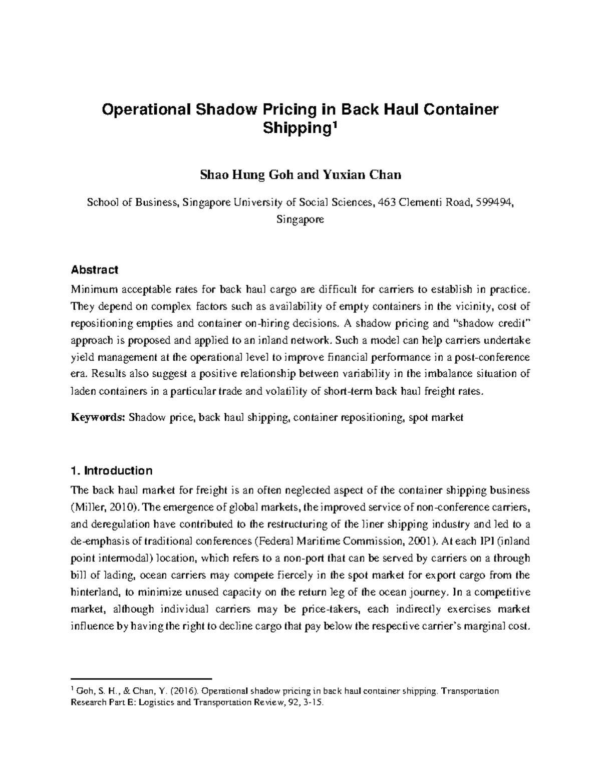 Operational Shadow Pricing in Back Haul Container Shipping (BUS 2016 ...