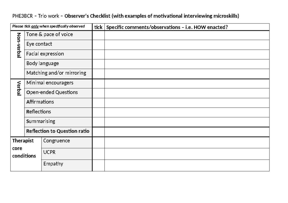 Observers checklist - rubric - PHE3BCR – Trio work – Observer’s ...