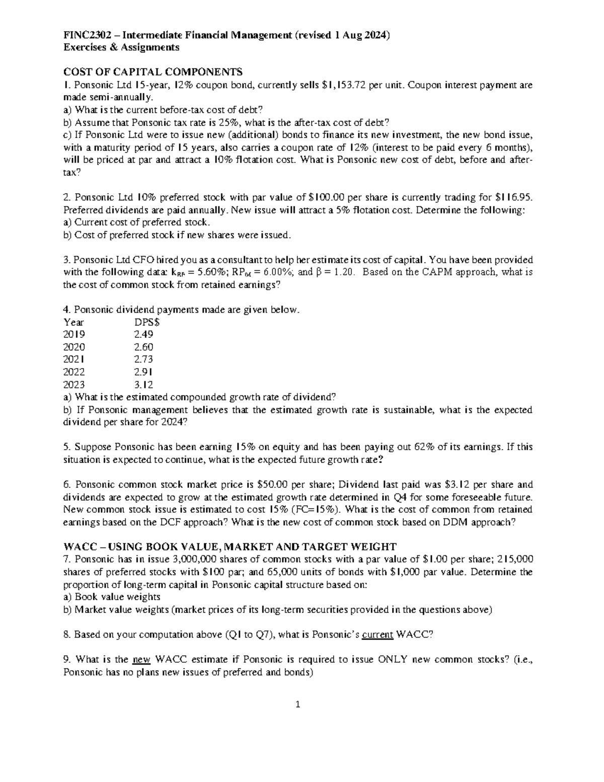 FINC2302 Intermediate Financial Management: Cost of Capital Exercises ...