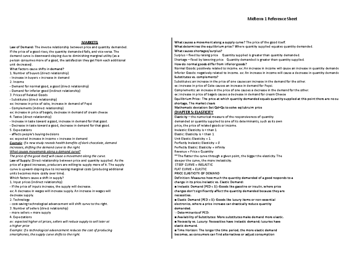 Micro Mid Term 1 - Study Sheet - Midterm 1 Reference Sheet MARKETS Law of Demand: The inverse ...