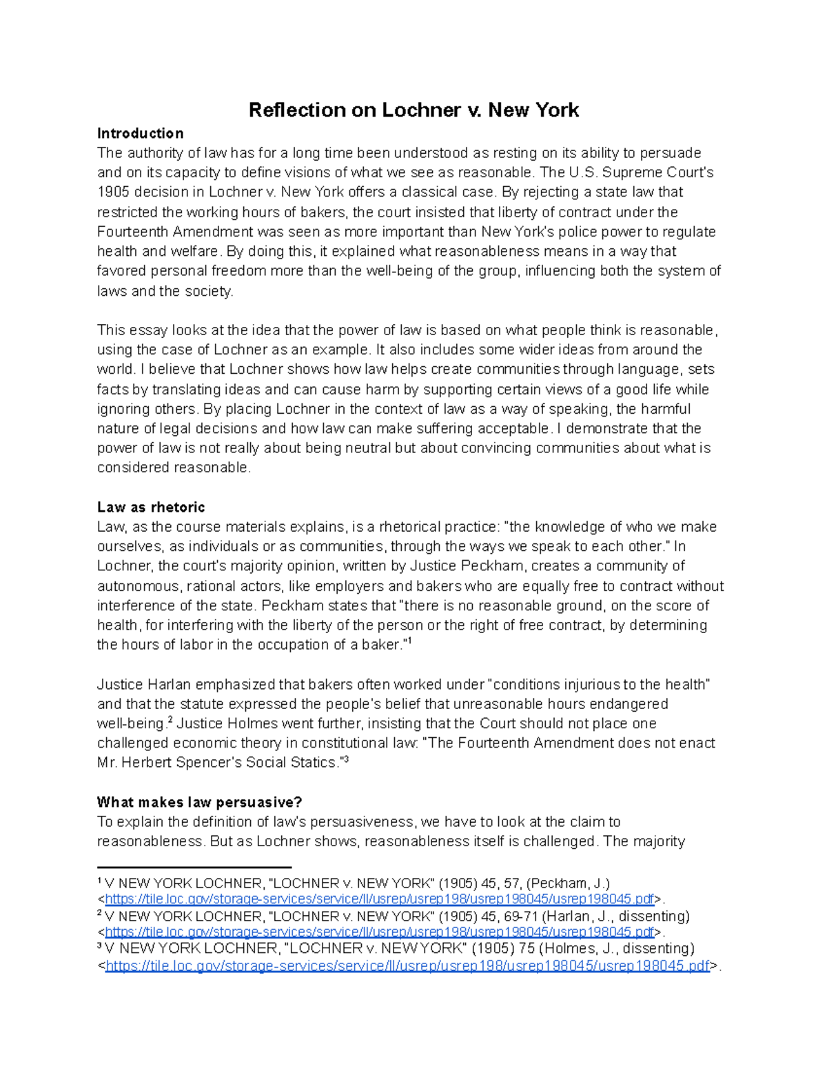 Perspectives on Law: Reflection on Lochner v. New York (LAW 101 ...