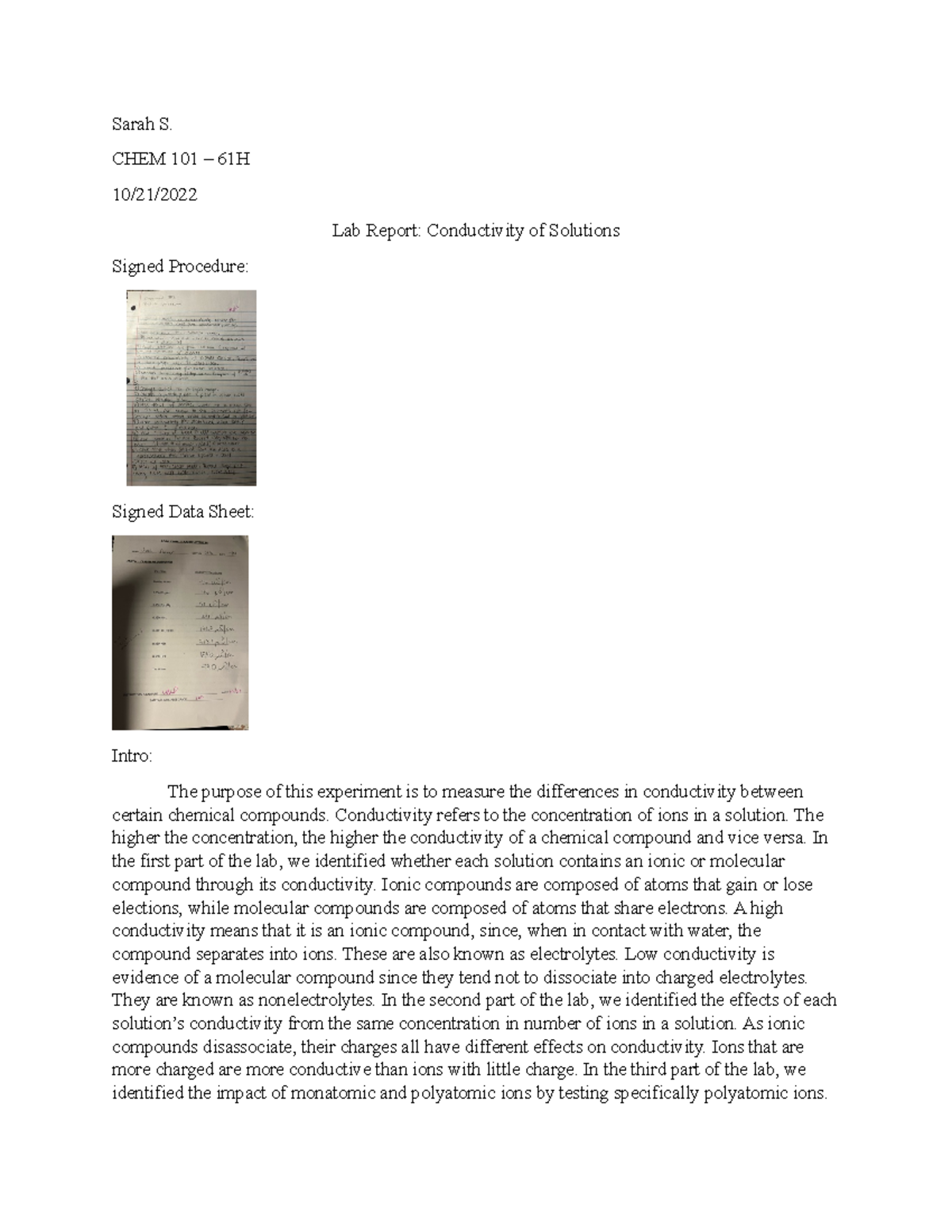 Lab Report (2) Chem 101 - Sarah S. CHEM 101 – 61H 10/21/ Lab Report ...